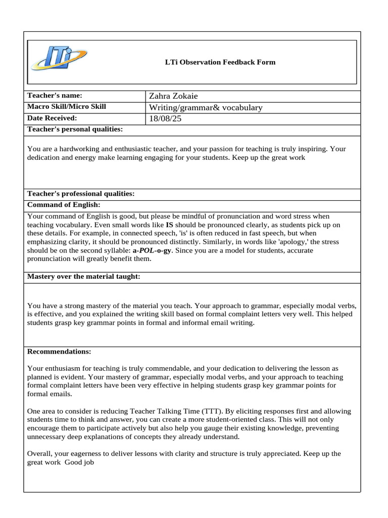 Lti Observation Feedback Form Zahra Zokaie | PDF | Teachers | English Language