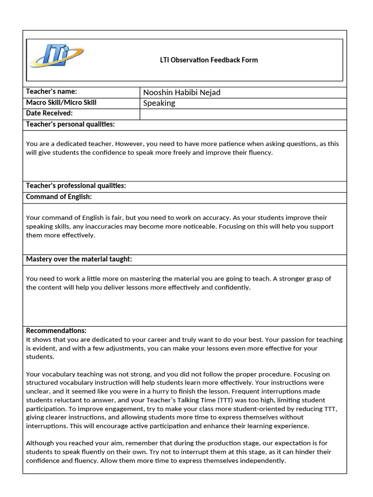 Lti Observation Feedback Form Nooshin Habibi Nejad | PDF