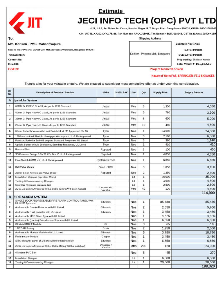 Koriken Estimate for Fire Safety Services | PDF | Invoice