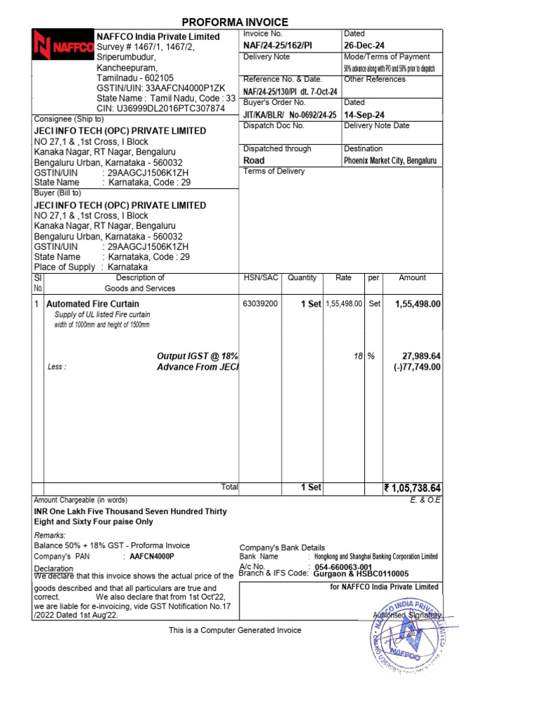 Proforma - For Balance 50% + GST (JECI) | PDF | Invoice | Taxation