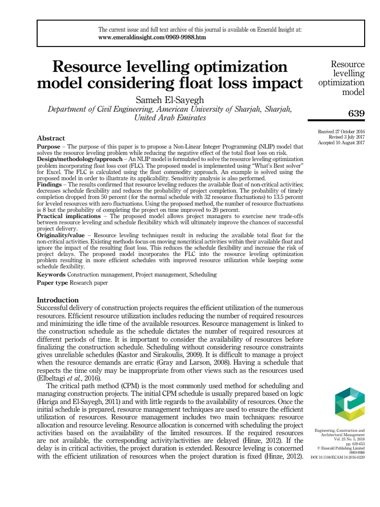 Resource Levelling Optimization Model Considering Float Loss Impact | PDF | Mathematical ...