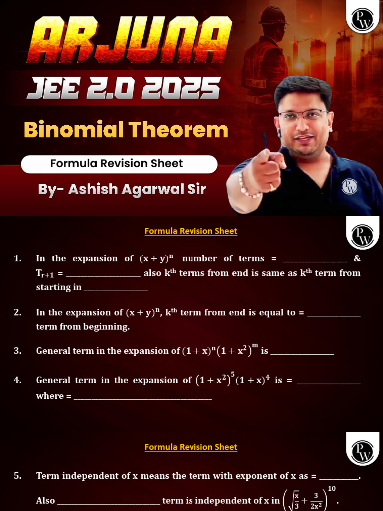 Formula Revision Sheet _ Binomial Theorem __ Arjuna JEE 2.0 2025 | PDF | Combinatorics ...