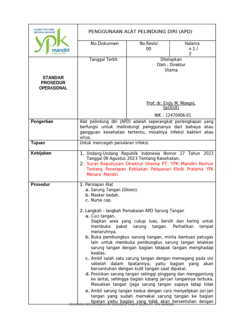 Spo Penggunaan Alat Pelindung Diri (Apd) | PDF