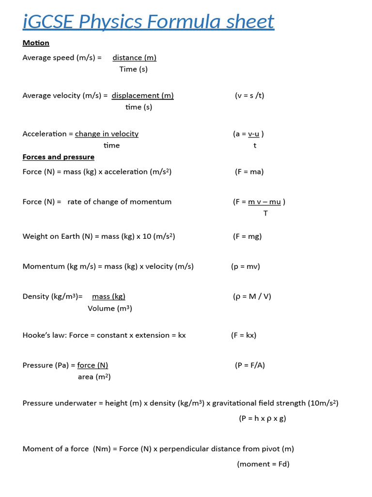 IGCSE Physics Formula Sheet | PDF | Refraction | Force