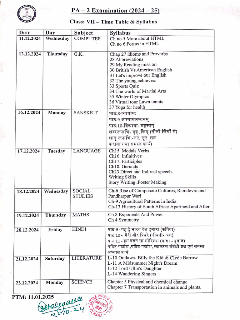 Class 7 PA 2 Time Table and Syllabus | PDF