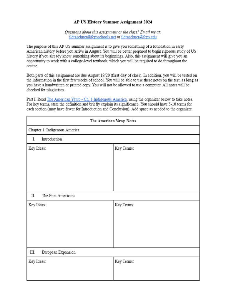 AP US History Summer Assignment 2024 Revised | PDF | Age Of Discovery ...