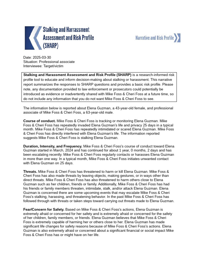 Stalking Risk Profile: Elena Guzman | PDF | Stalking | Harassment