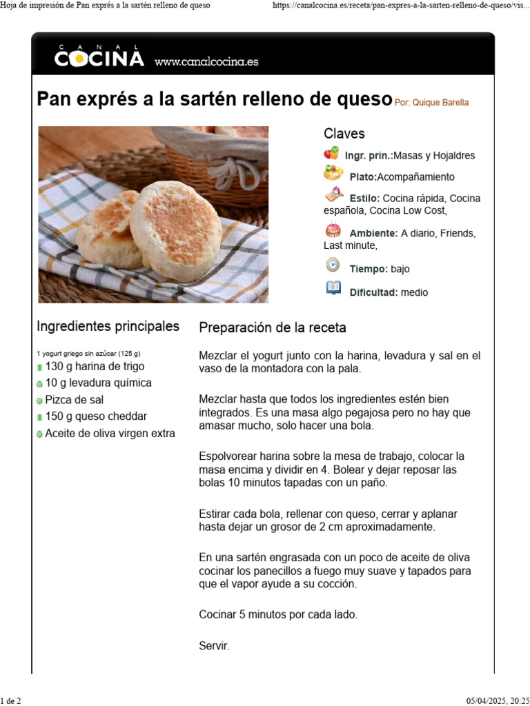 Hoja de Impresión de Pan Exprés A La Sartén Relleno de Queso | PDF | Panes | Alimentos