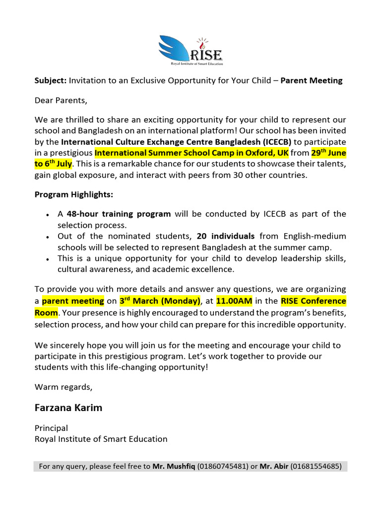 Summer Camp Invitation for Parents | PDF