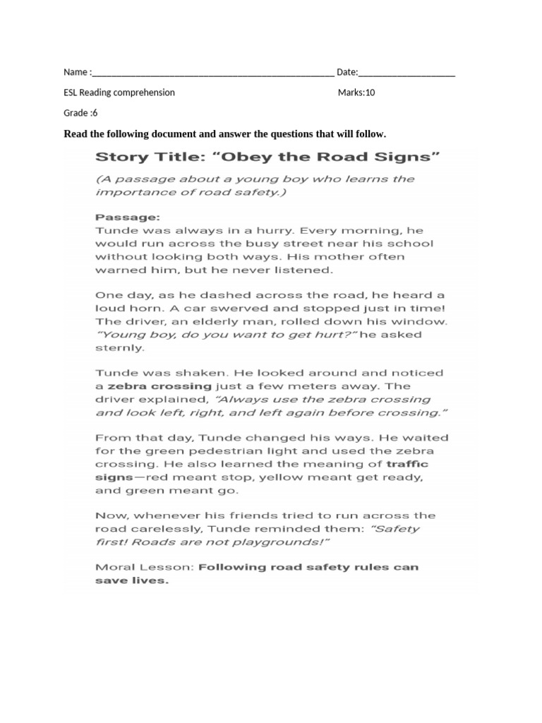 Road Signs Reading Comprehension | PDF