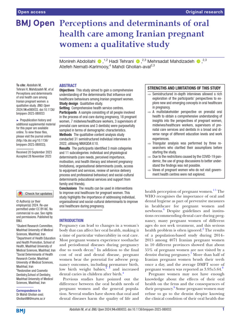 Oral Health Care in Iranian Pregnant Women | PDF | Pregnancy | Dentistry