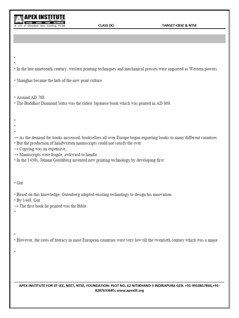 Class 10 Notes on Print Culture | PDF | Printing | Johannes Gutenberg