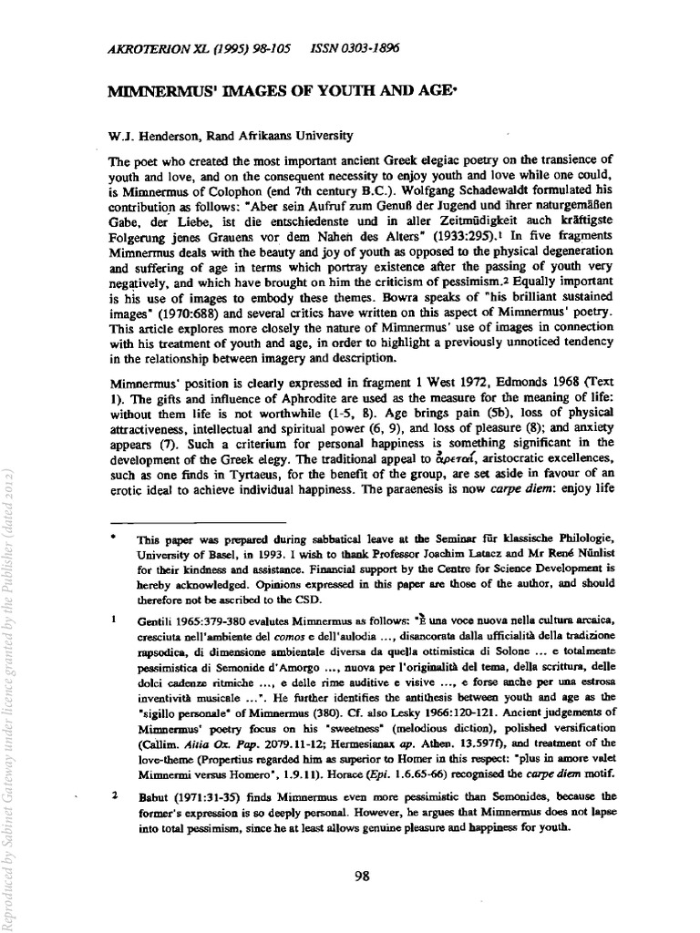 Henderson, Mimnermus. Youth and Age, 1995 | PDF