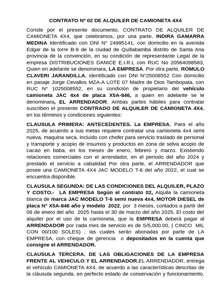 Contrato de Alquiler de Camioneta 4X4 | PDF