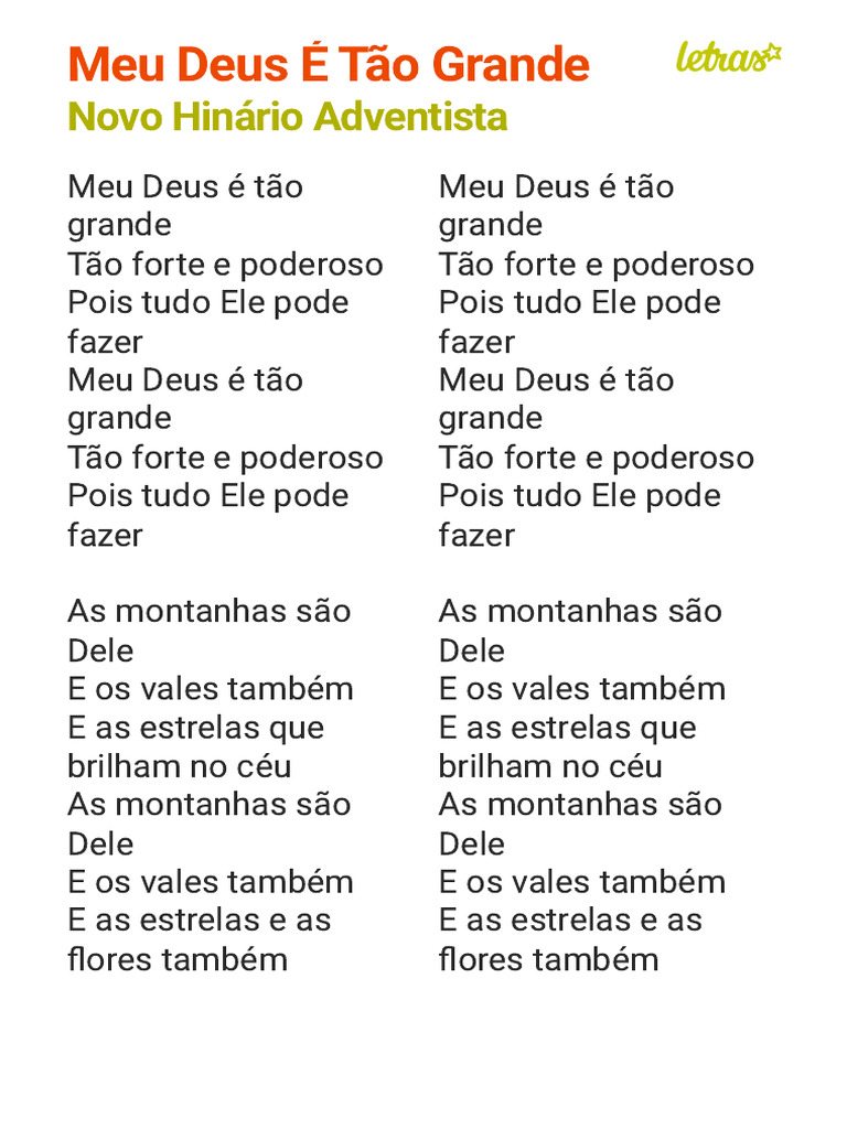 Meu Deus é Tão Grande - Letra do Hino | PDF