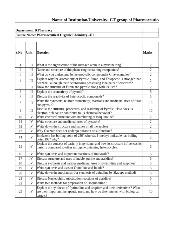 B.pharm-4b Org Chem Mst-II Ques Bank | PDF | Heterocyclic Compound ...