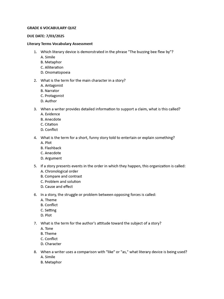Grade 6 Vocabulary Quiz | PDF