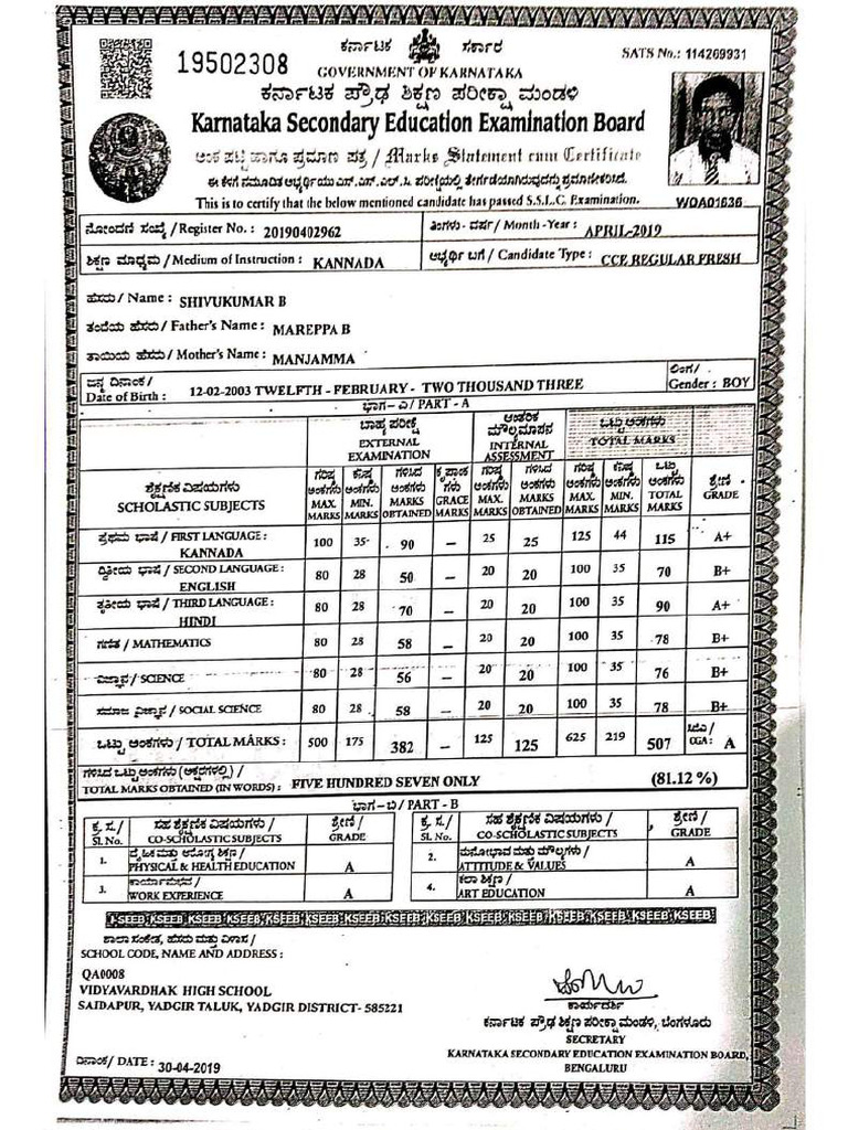 Shivu SSLC Marks Card - Compressed - 11zon | PDF