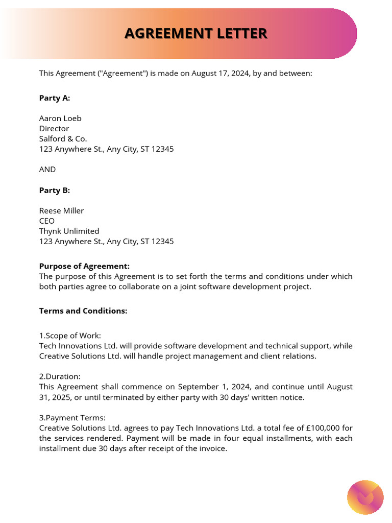 Purple Orange Gradient Formal Agreement Letter A4 Document | PDF