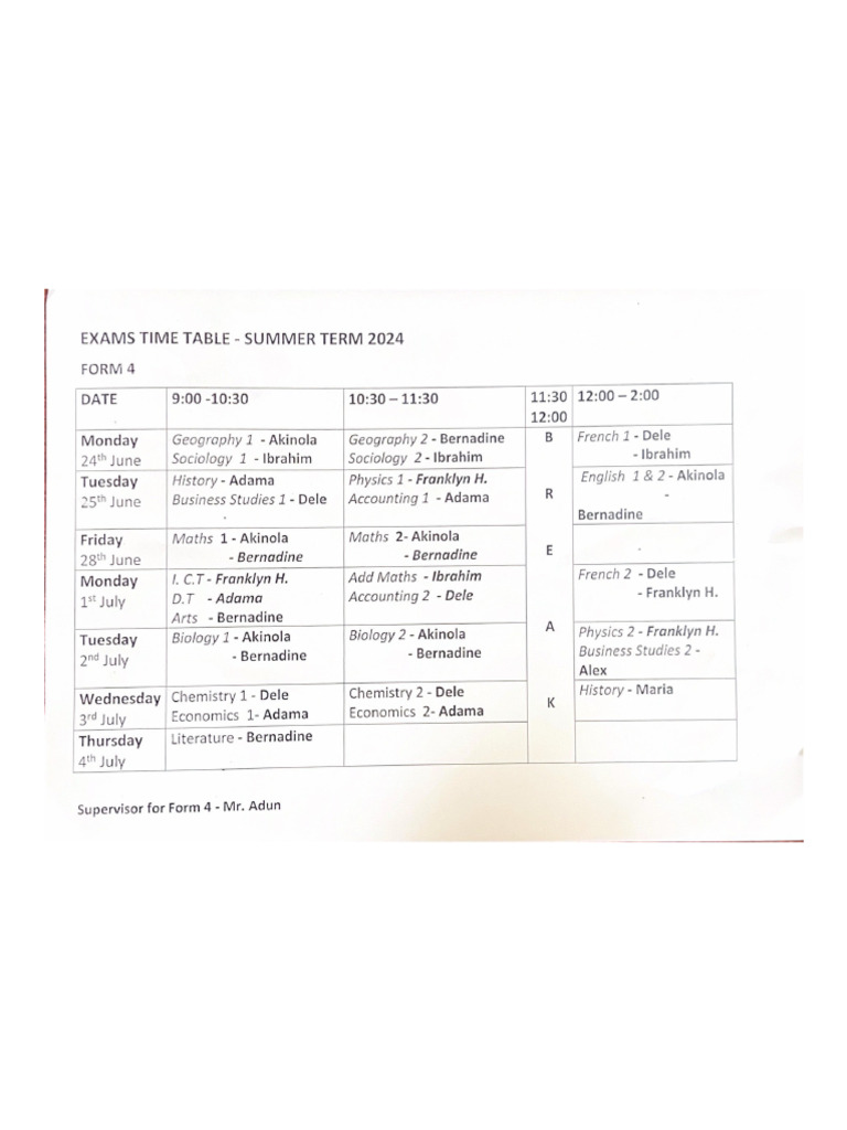 Exams Time Table - Summer Term 2024 | PDF