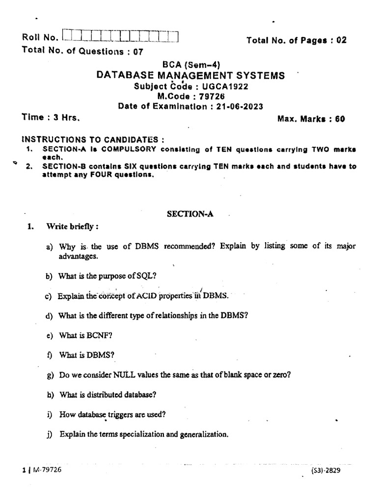 Bca 4 Sem Database Management Systems 79726 Jun 2023 | PDF