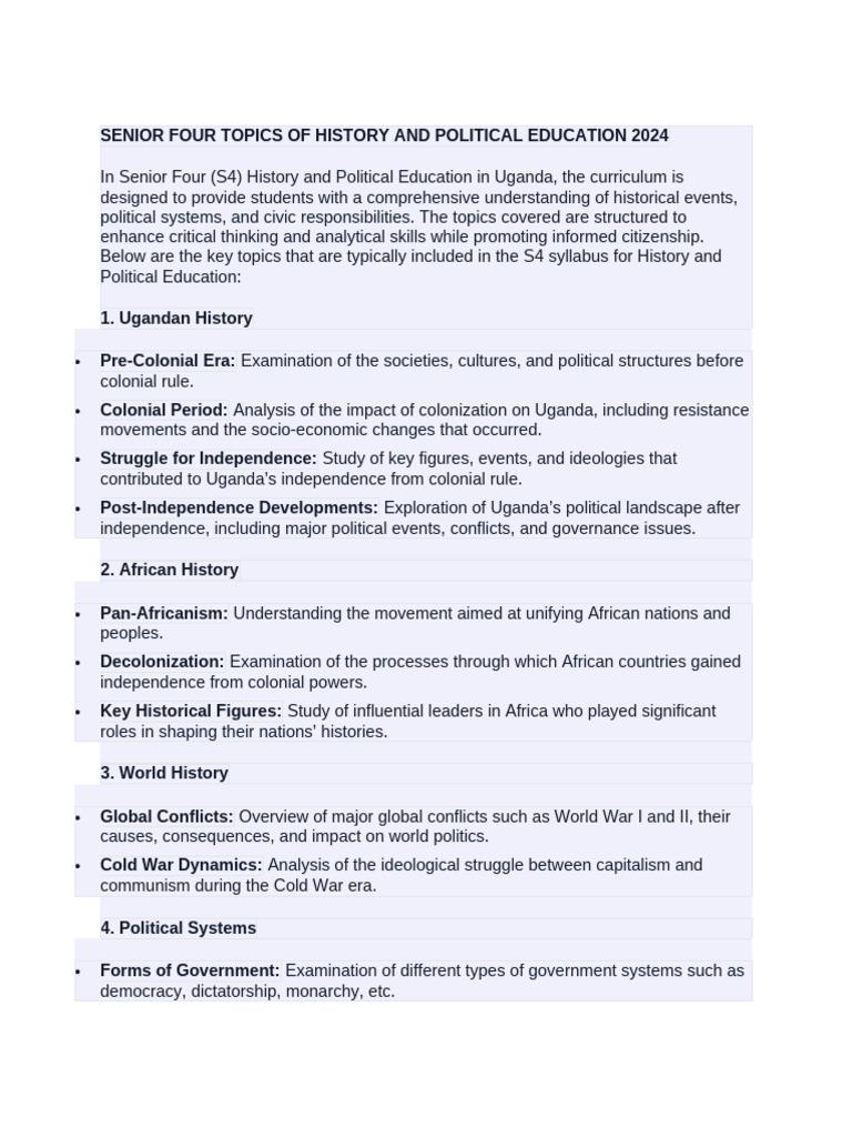 S4 History and Political Education Topics | PDF | Uganda | Colonialism