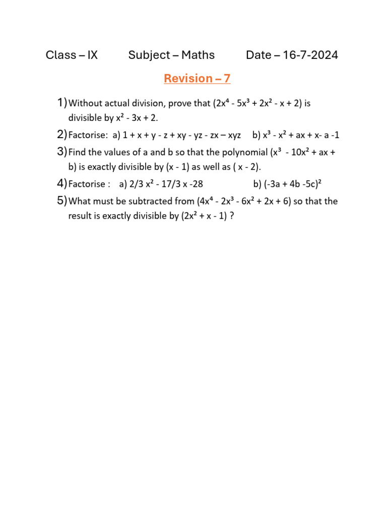 Class IX Maths Revision: Polynomial Division | PDF