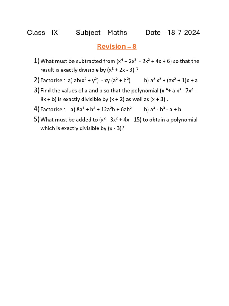 Class IX Maths Revision: Polynomial Problems | PDF