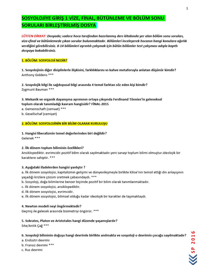 Sosyolojiye Giris I Vize Final Butunleme | PDF