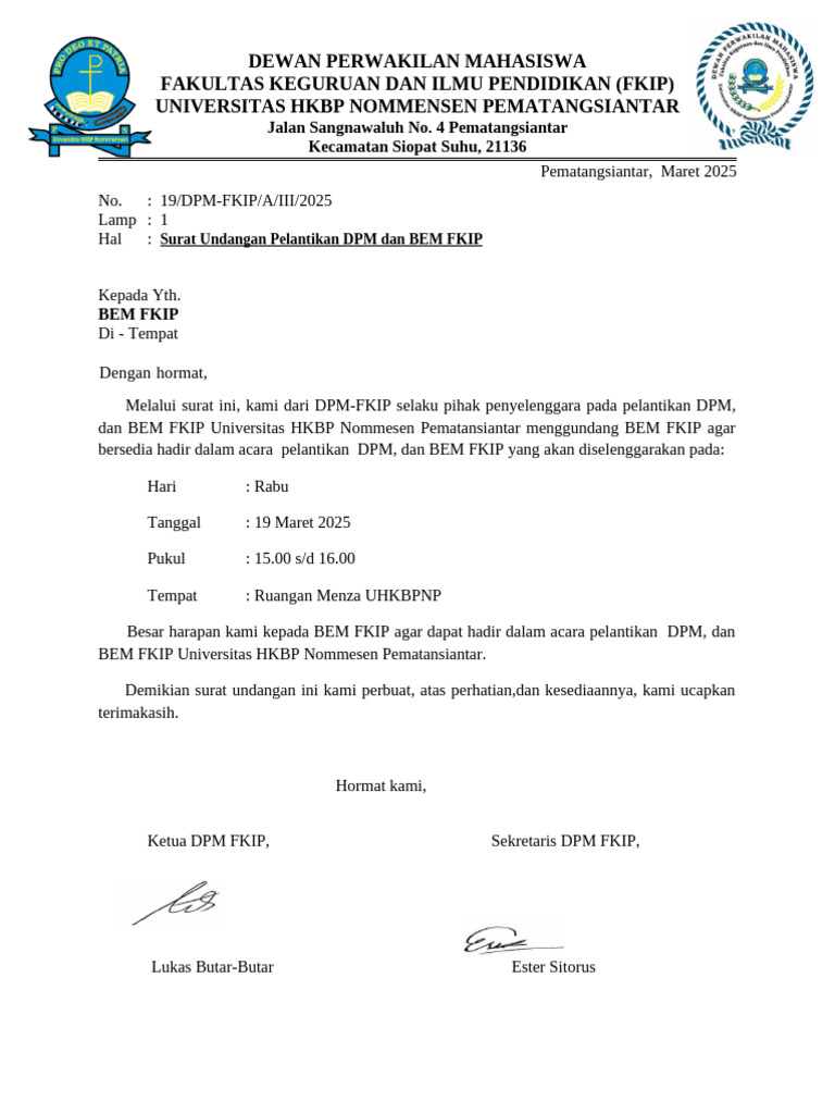 Surat Undangan KPD BEM FKIP Pelantikan DPM Dan BEM FKIP | PDF