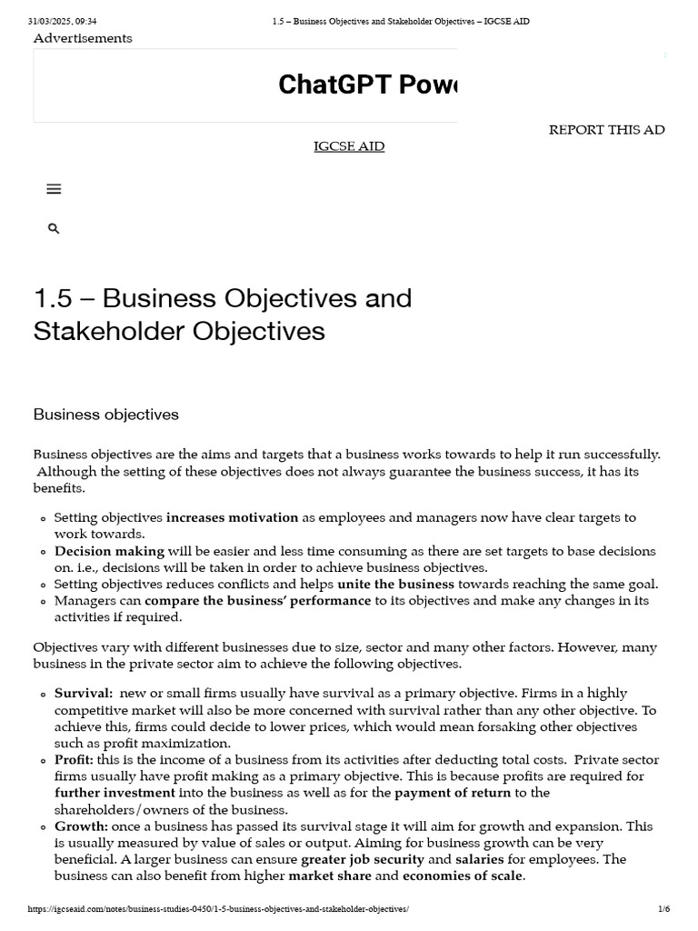 1.5 – Business Objectives and Stakeholder Objectives – IGCSE AID | PDF ...