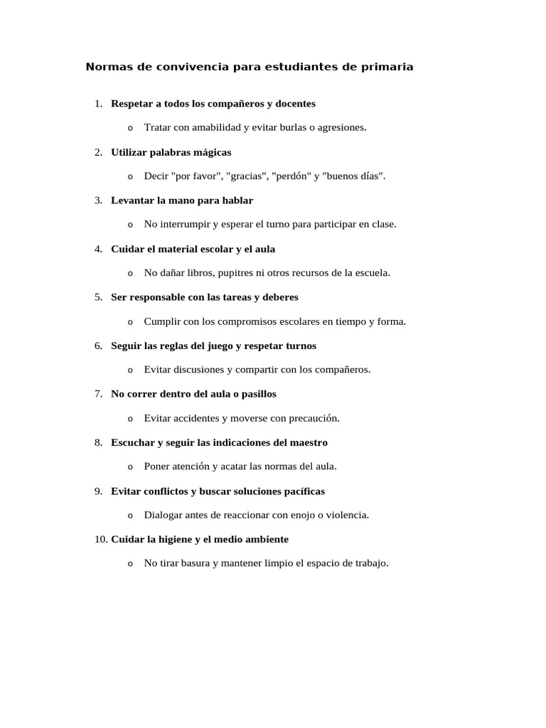 Normas de convivencia escolar primaria y secundaria | PDF | Salón de ...