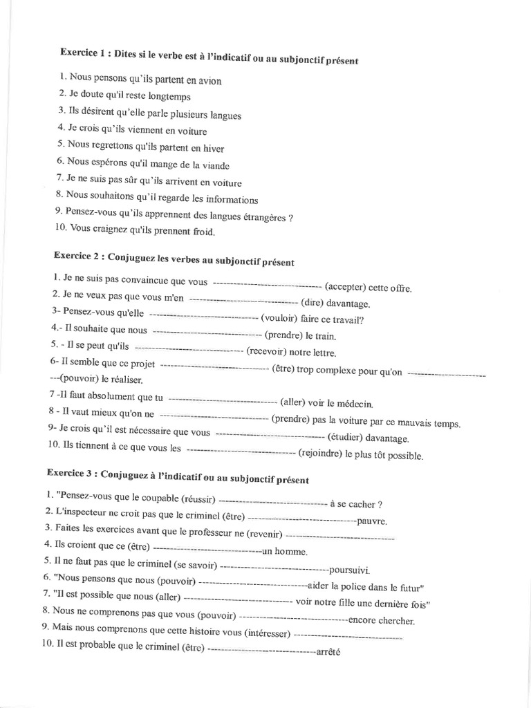 Exercices Subjonctif Indicatif | PDF