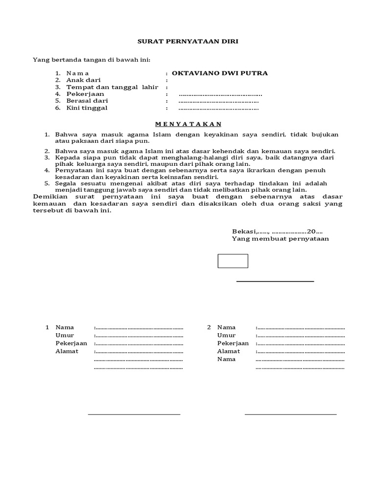 SURAT PERNYATAAN MASUK ISLAM | PDF