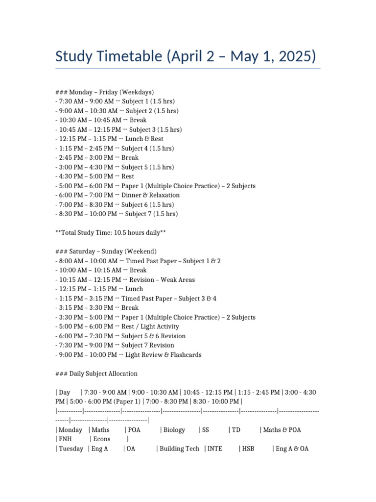 Cute Study Timetable for April 2025 | PDF | Workweek And Weekend ...