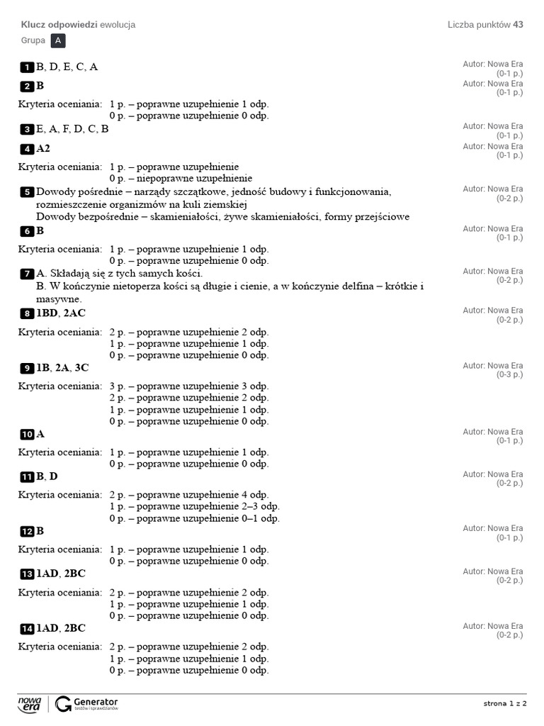 Ewolucja Klucz Odpowiedzi | PDF