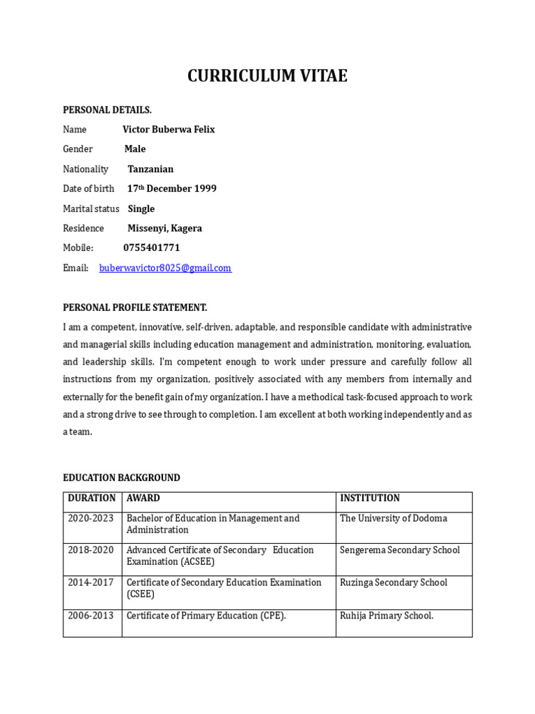 Victor Buberwa Felix CV | PDF | Knowledge | Cognition