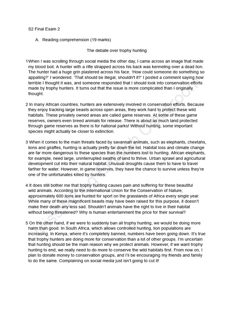 S2 Final Exam 4 Question | PDF | Hunting | Lion