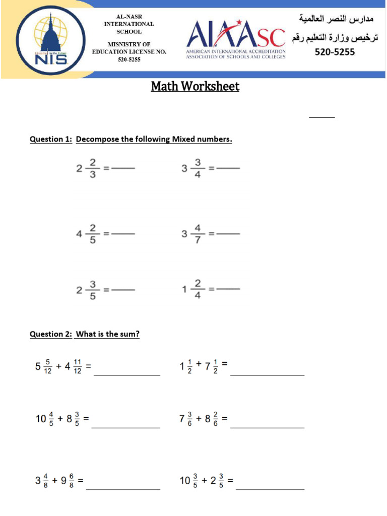 Grade 4 Mixed Numbers Math Worksheet | PDF