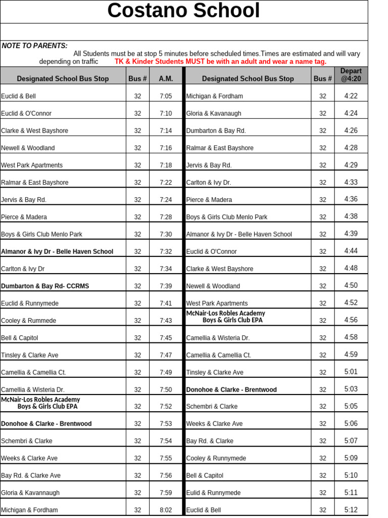 Costano School Bus Schedule 2024 | PDF