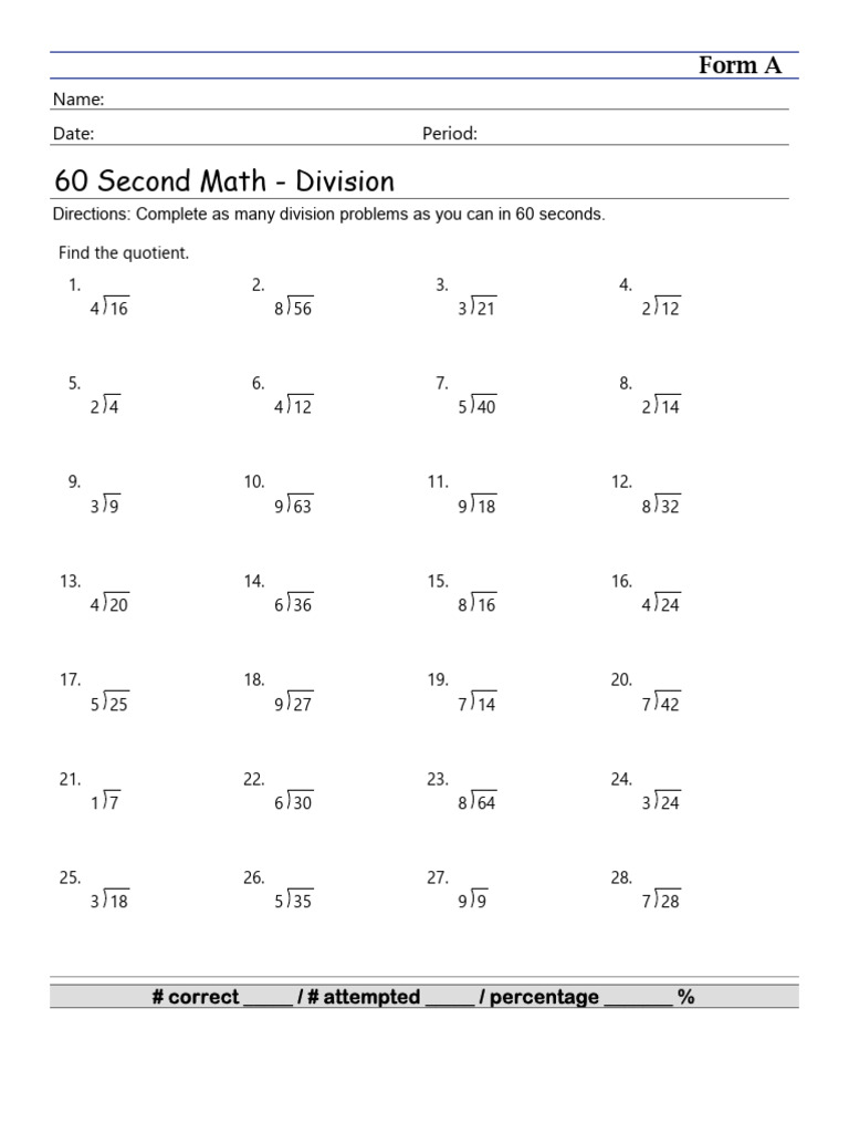 60-Second Division Math Worksheets | PDF