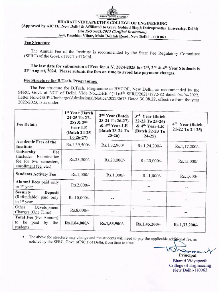 BVCOE Fee Structure 2024 2025 | PDF