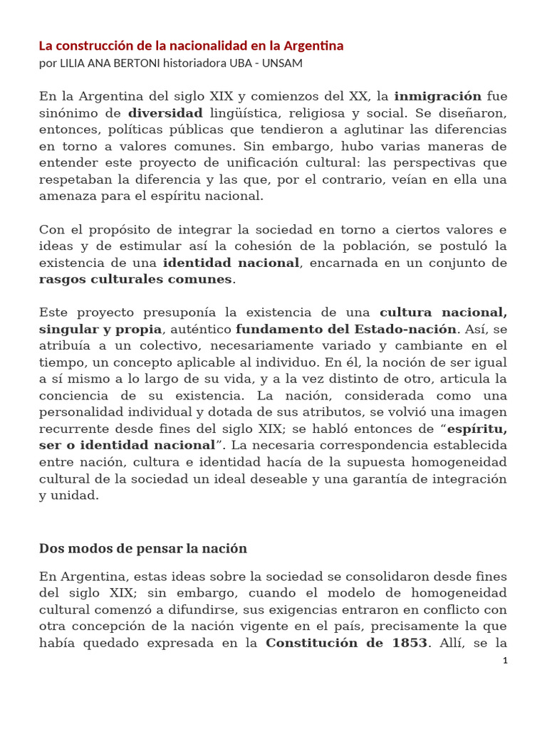 BERTONI Construccion de La Nacionalidad Argentina | PDF | Nación | Existencia