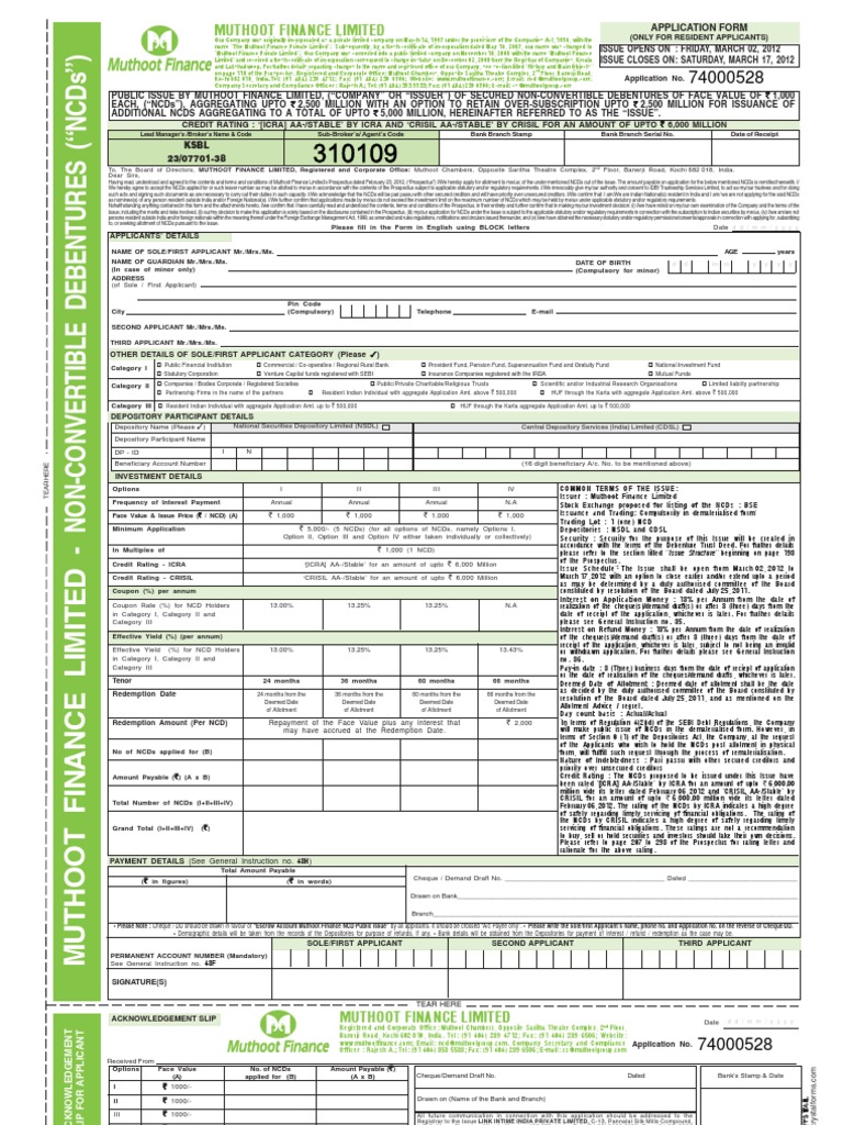 Muthoot Finance NCD Application Form Mar 2012 | PDF | Cheque | Debt