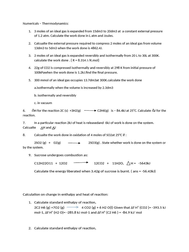 Thermodynamics - Numericals | PDF | Thermodynamic Properties | Mechanics