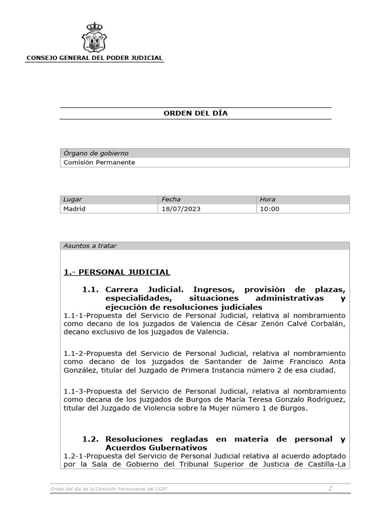 Orden Del Día de La Comisión Permanente Del CGPJ | PDF | Judicaturas | Gobernancia