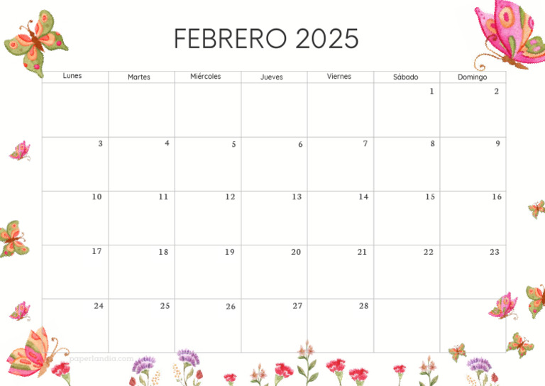 Calendario 2025 Horizontal Con Mariposas Mes 2 | PDF