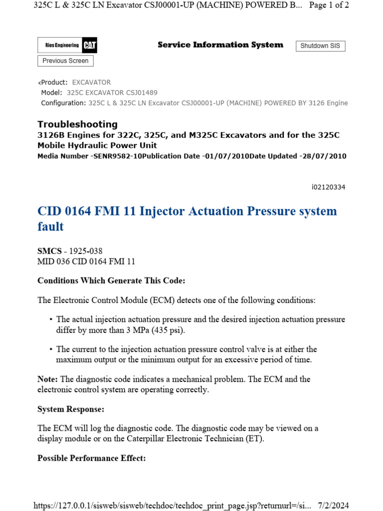 325cl Daniel CID 0164 FMI 11 Injector Actuation Pressure System Fault-2 | PDF