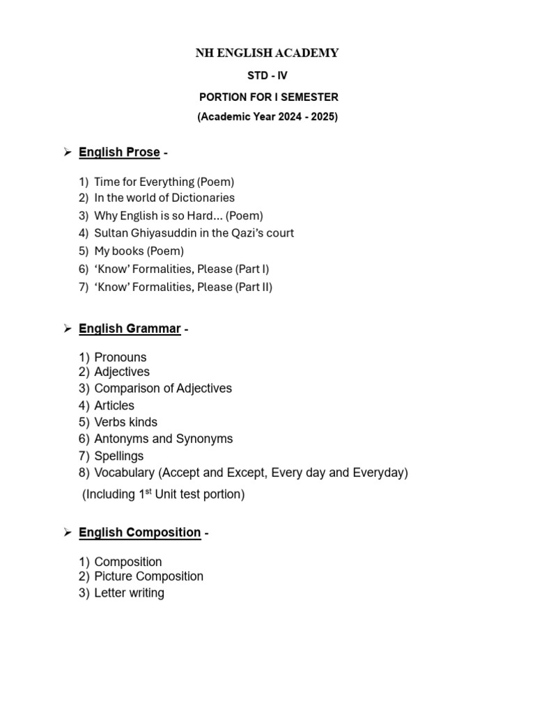 1st Semester Portion Std 4th (1) | PDF