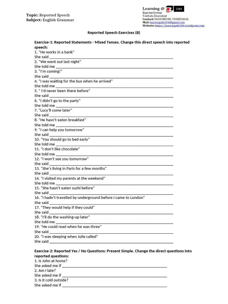 Reported Speech Exercise B | PDF